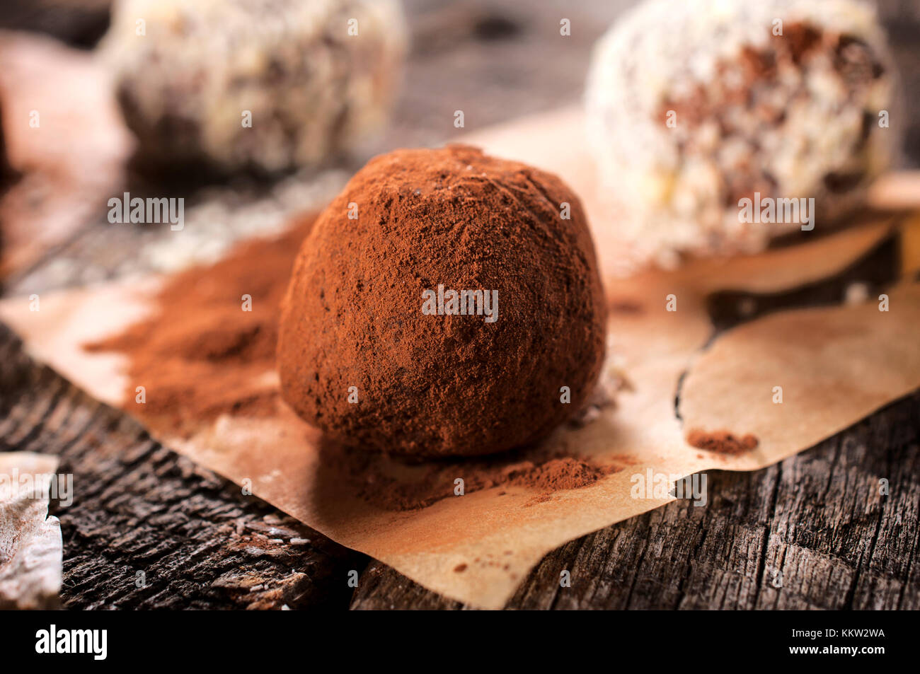 Sweet and homemade chocokate truffle.Selective focus on tuffle in the ...