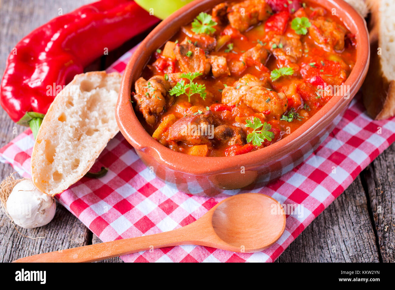 Traditional Hungarian beef goulash in the stew from above.Selective ...