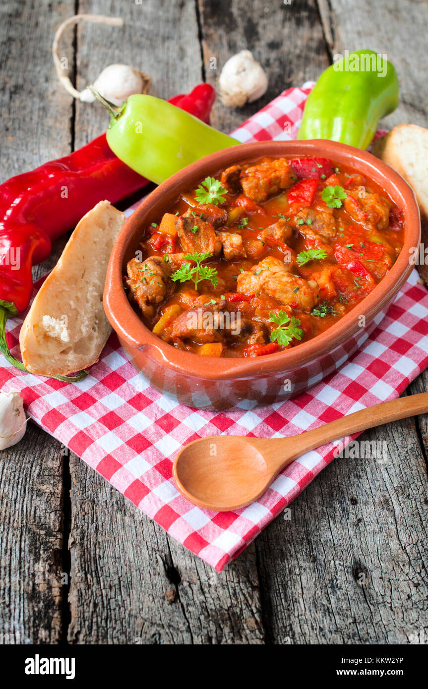 Traditional Hungarian beef goulash in the stew from above.Selective ...