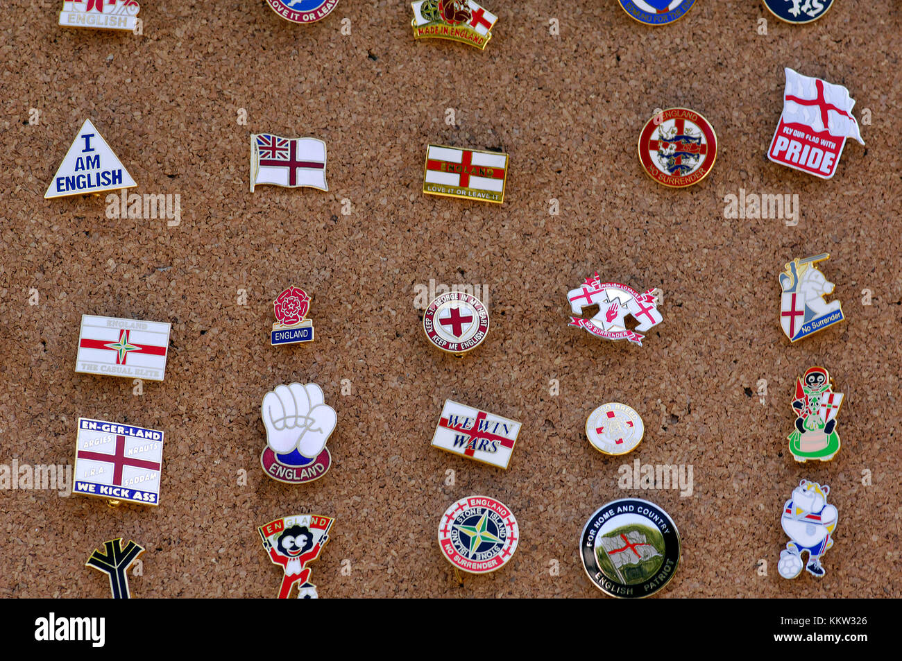 A collection of nationalist or far right badges on sale at a charity ...