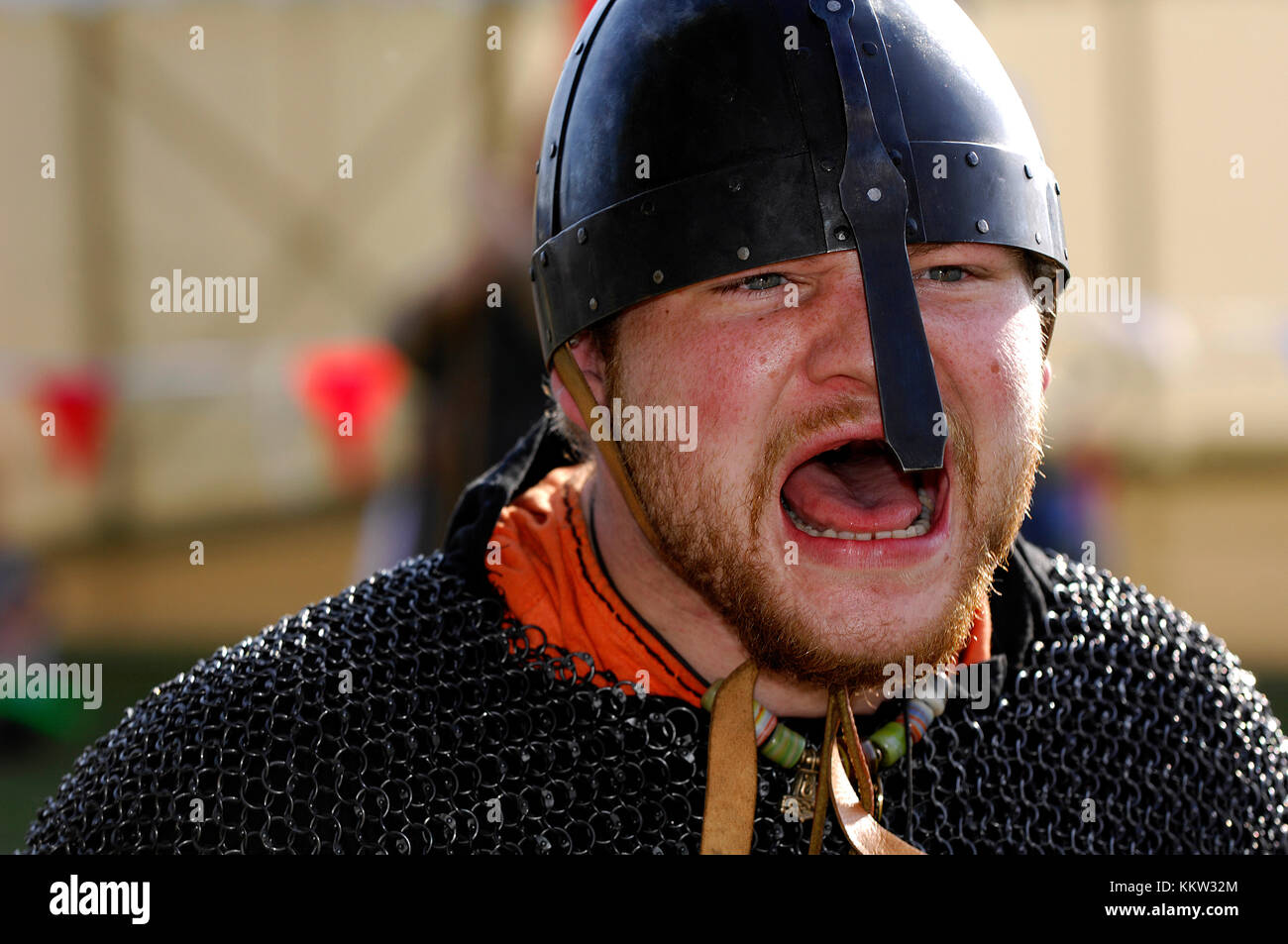 An Anglo Saxon or Viking sealed knot re-enactment participant wearing a ...