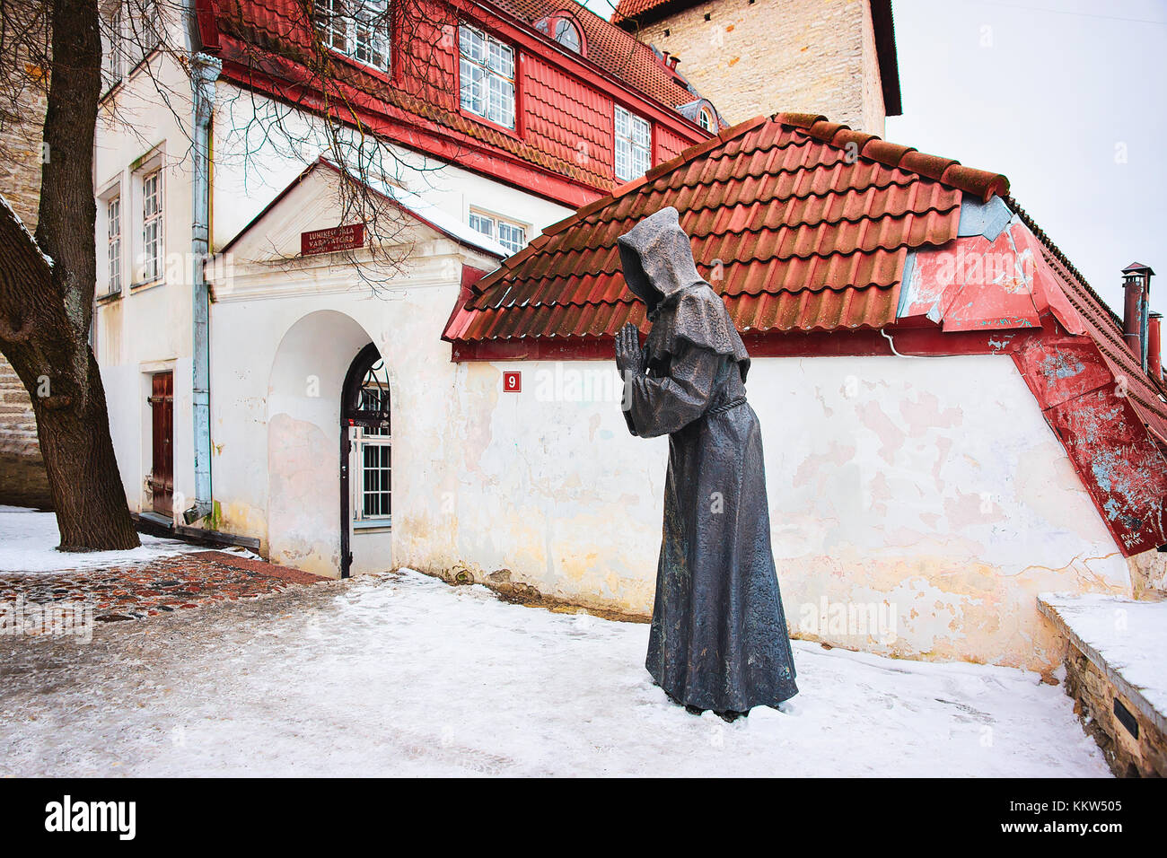 Tallinn, Estonia - February 27, 2017: Monk statue at Danish King Garden ...