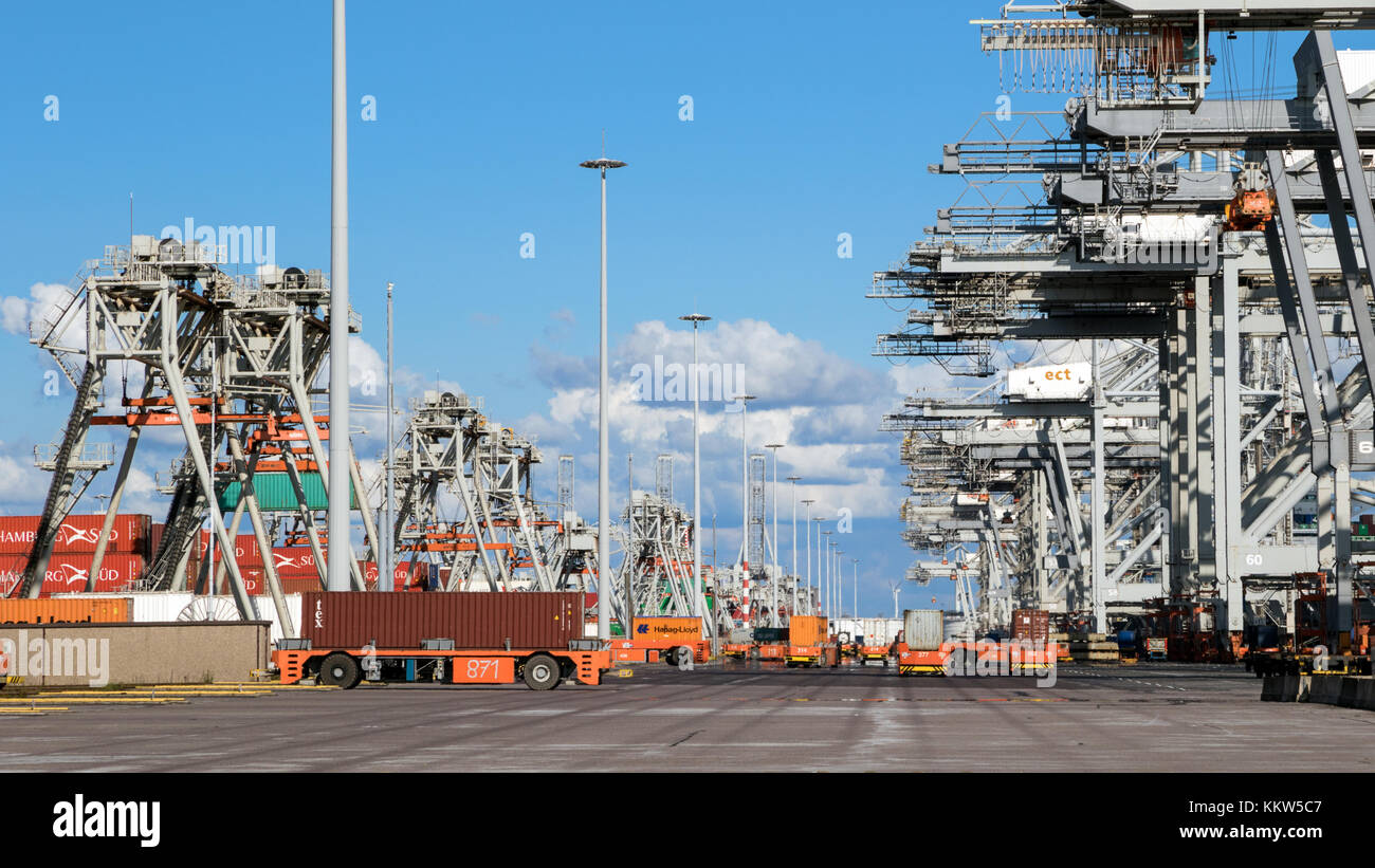 ROTTERDAM, NETHERLANDS - SEP 2, 2017: Automated Guided Vehicles moving ...