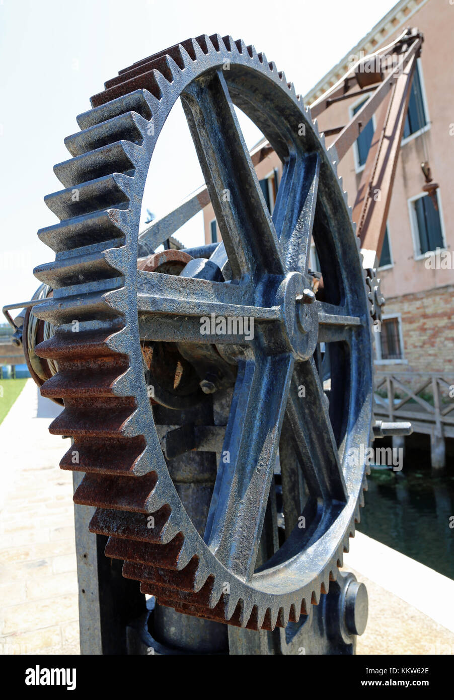 great gear wheel of a gear for lifting loads in the shipyard Stock ...