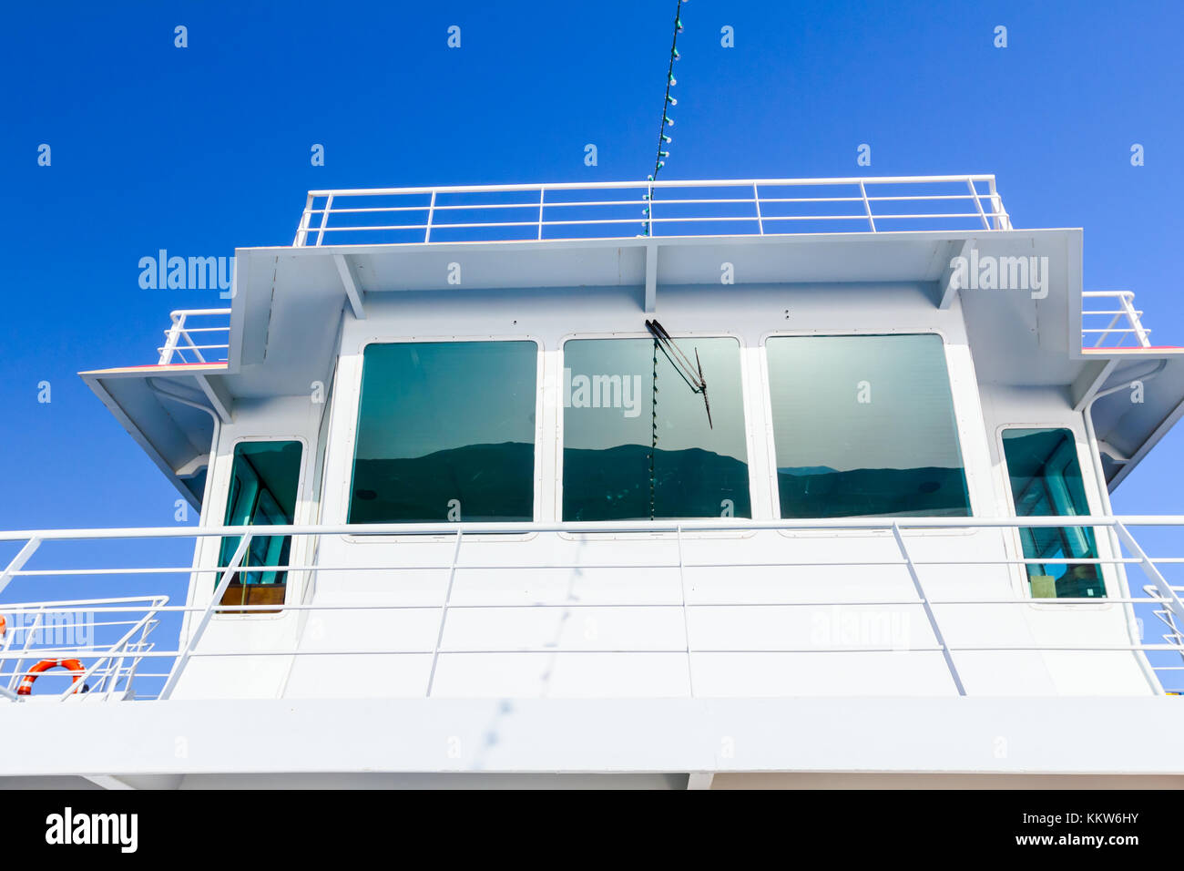 Outdoor view on captain's cabin, control room with reflection on ...