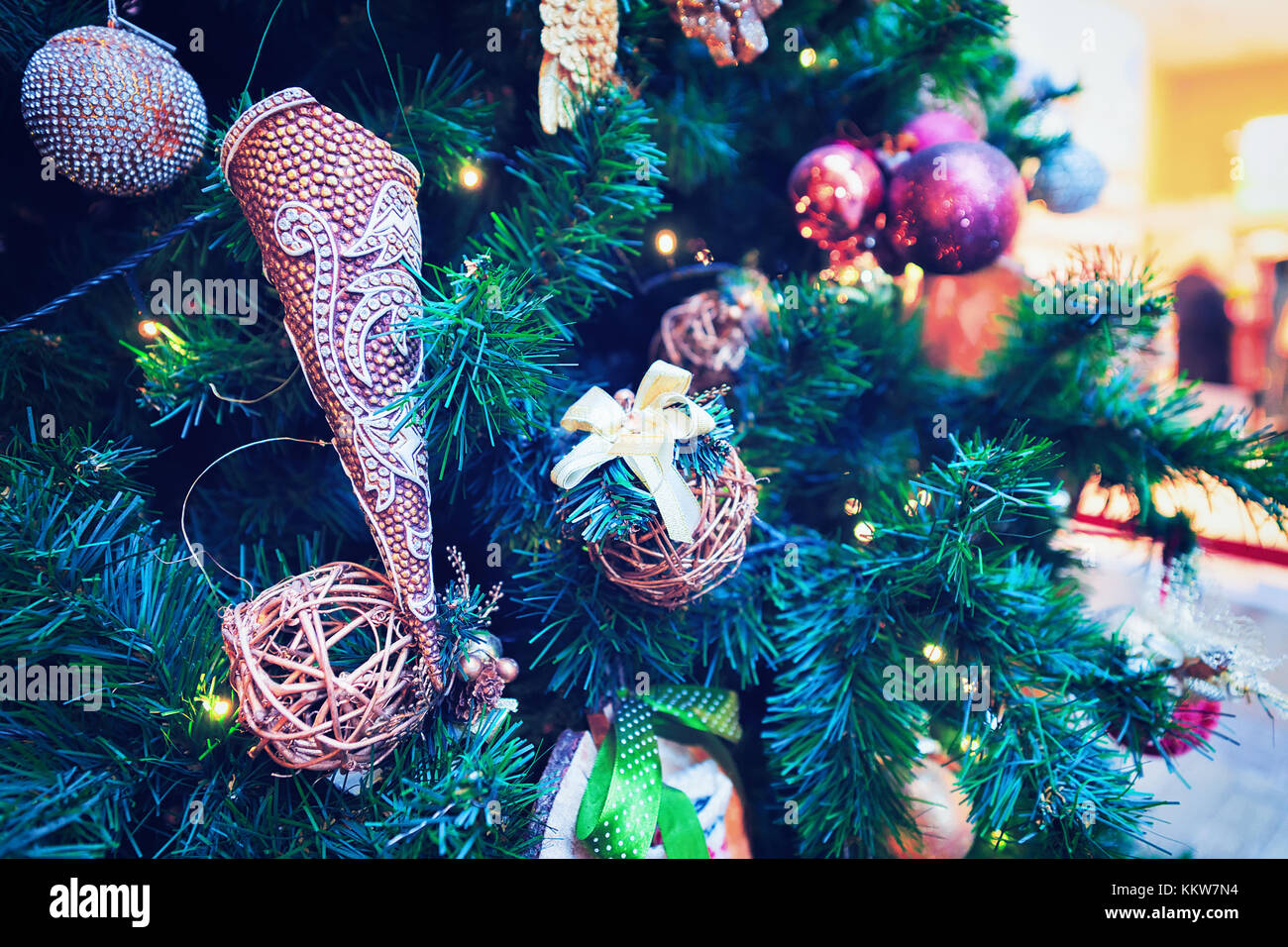Part of the decorated Christmas tree in old Riga, Latvia. Fir tree is ...