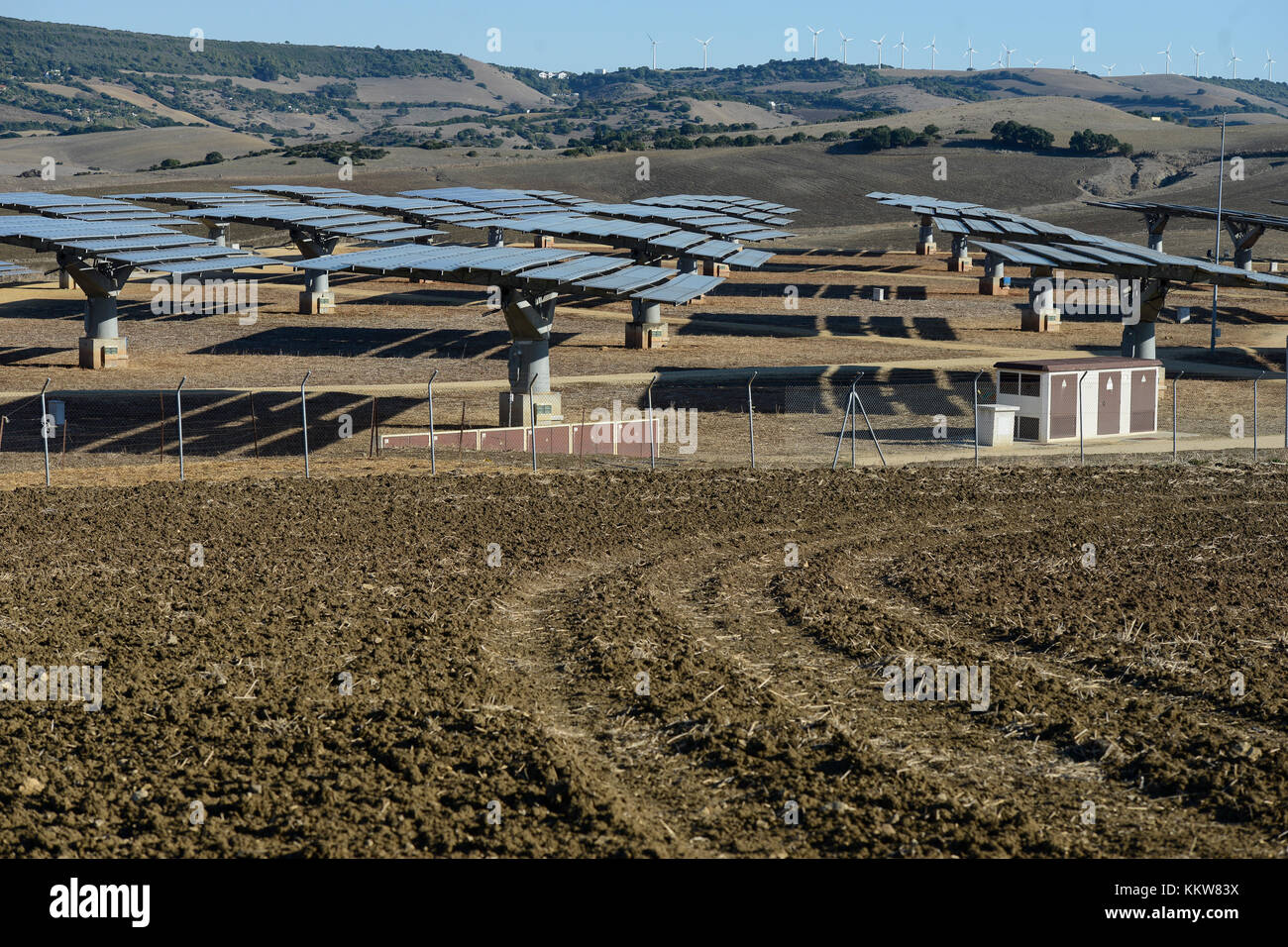 Spain, Andalusia, Cadiz, Vejer de la Frontera, solar power station with ...