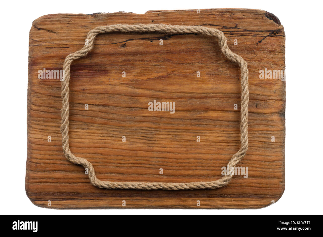 Wooden sign and a frame made of rope isolated on white background ...