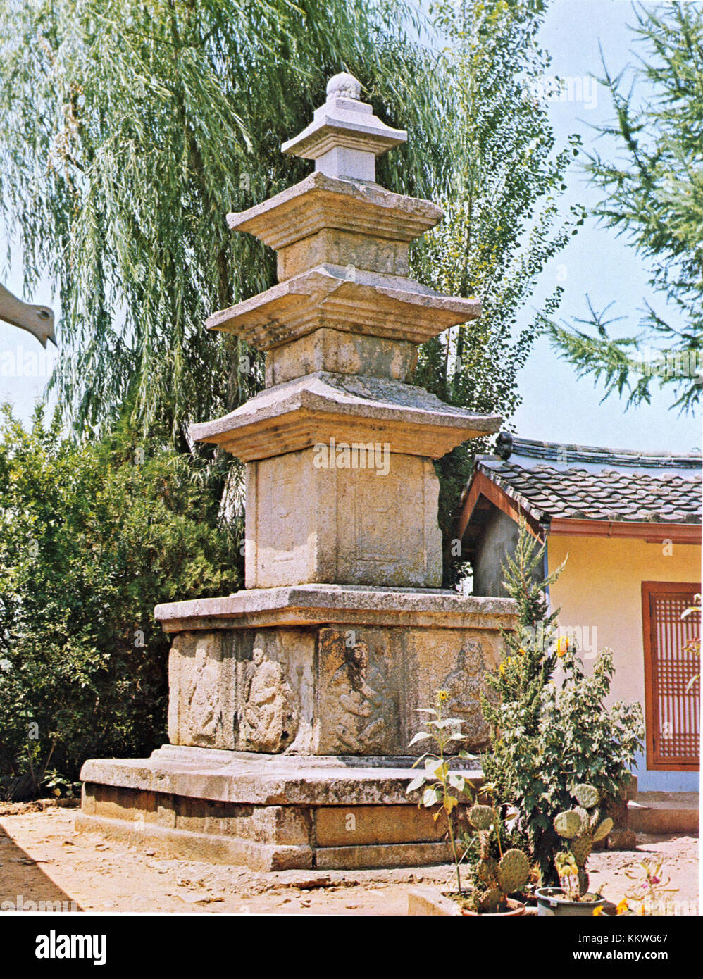 A three-story stone pagoda located at Sinwol-ri in Yeongcheon, South ...