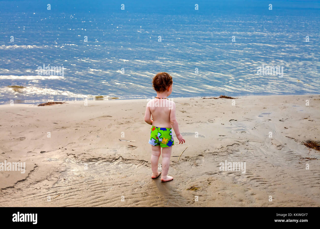 Toddler boy staring at the sea at sunset his back to the camera Stock ...