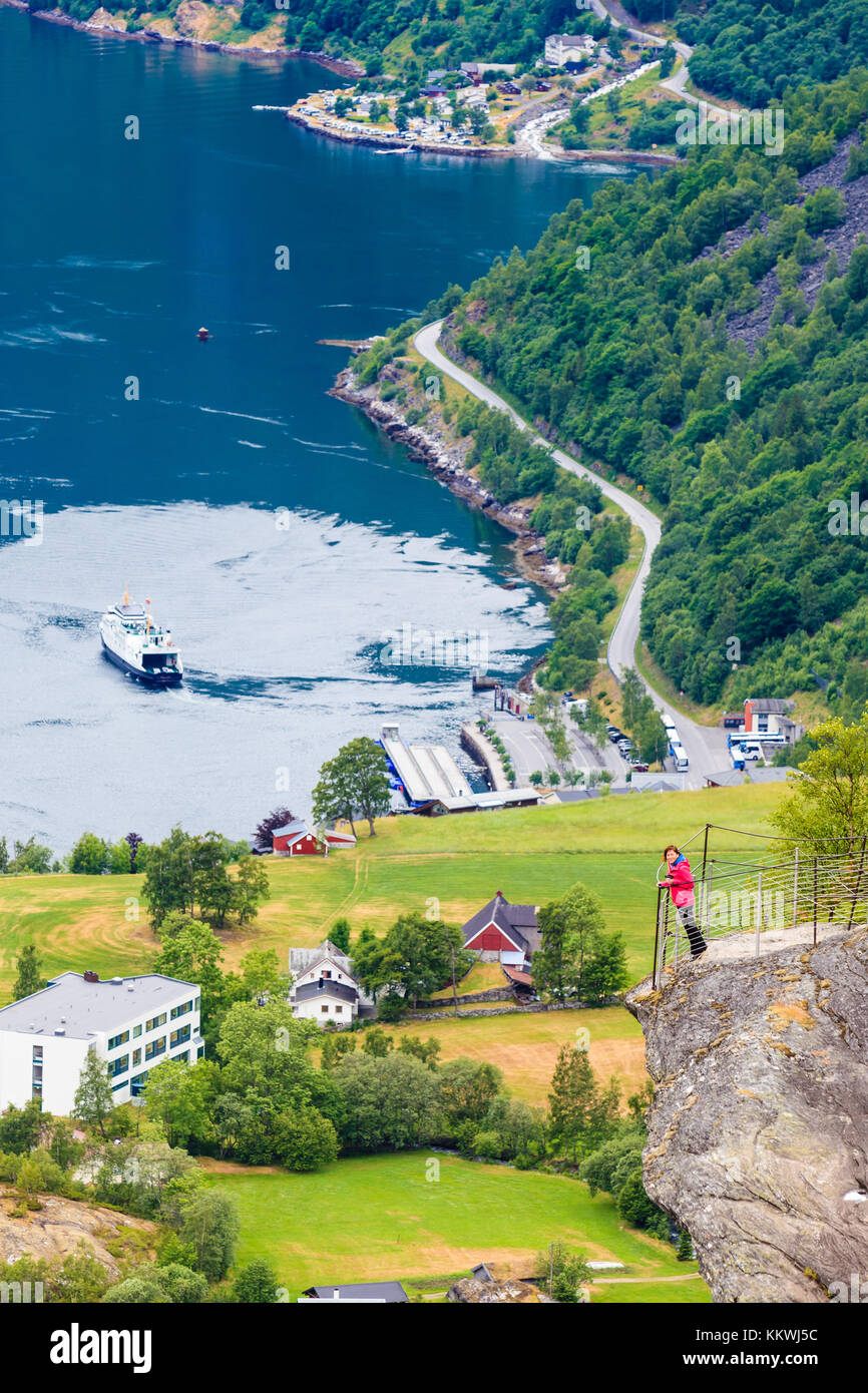 Tourism vacation and traveling. Fantastic view on Geirangerfjord green ...