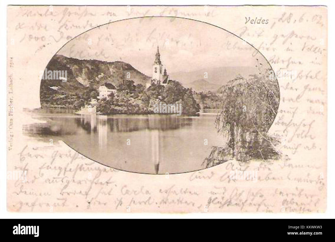 A vintage postcard from 1902 depicting Lake Bled in Slovenia ...