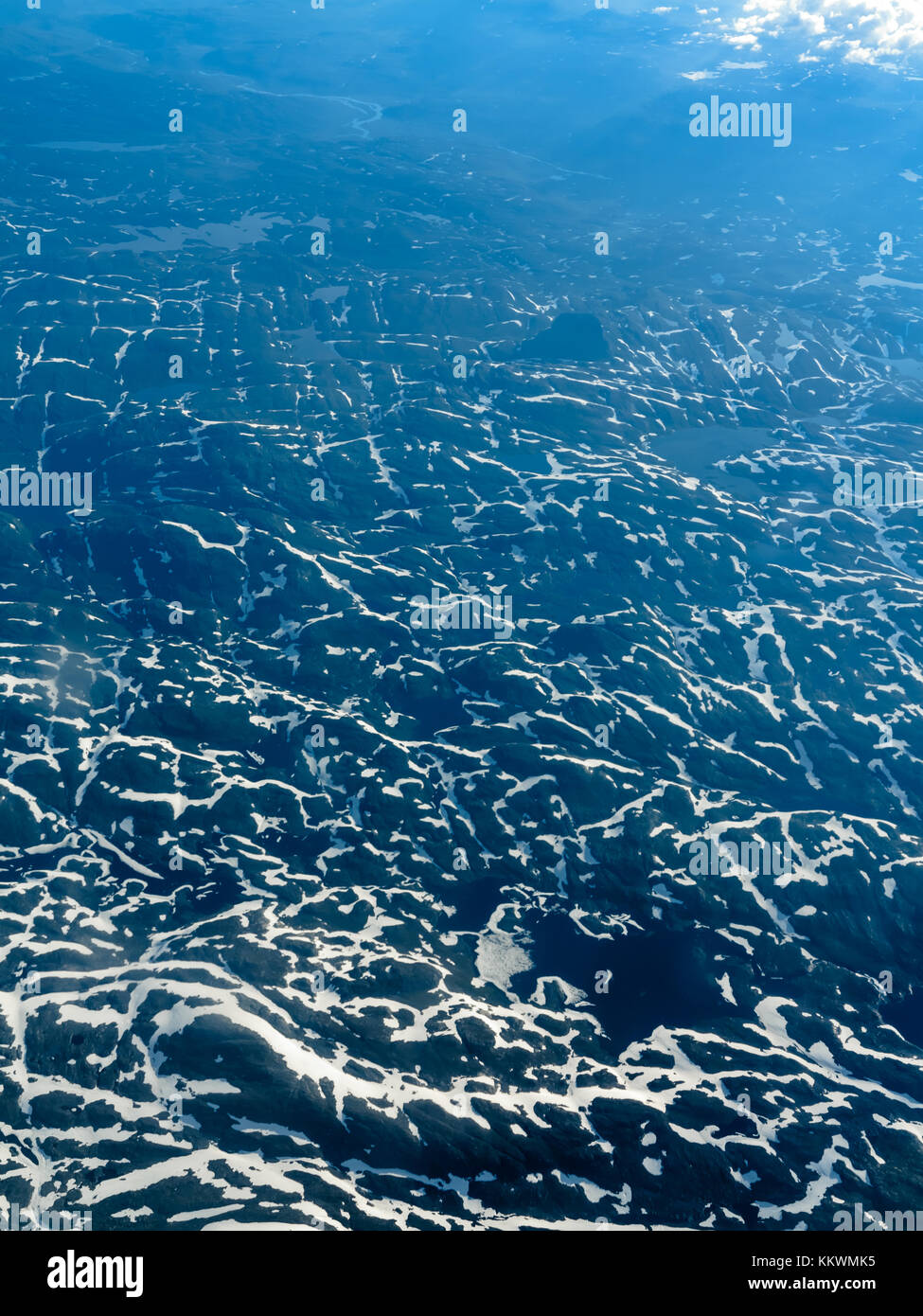 Birds eye. View from window of plane airplane flying over Norway ...