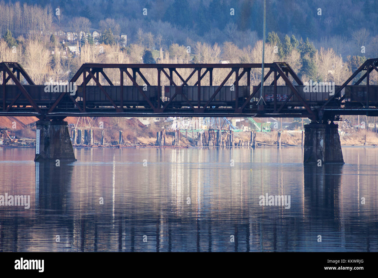 Train crossing bridge over the Fraser River. Mission BC. Canada Stock ...