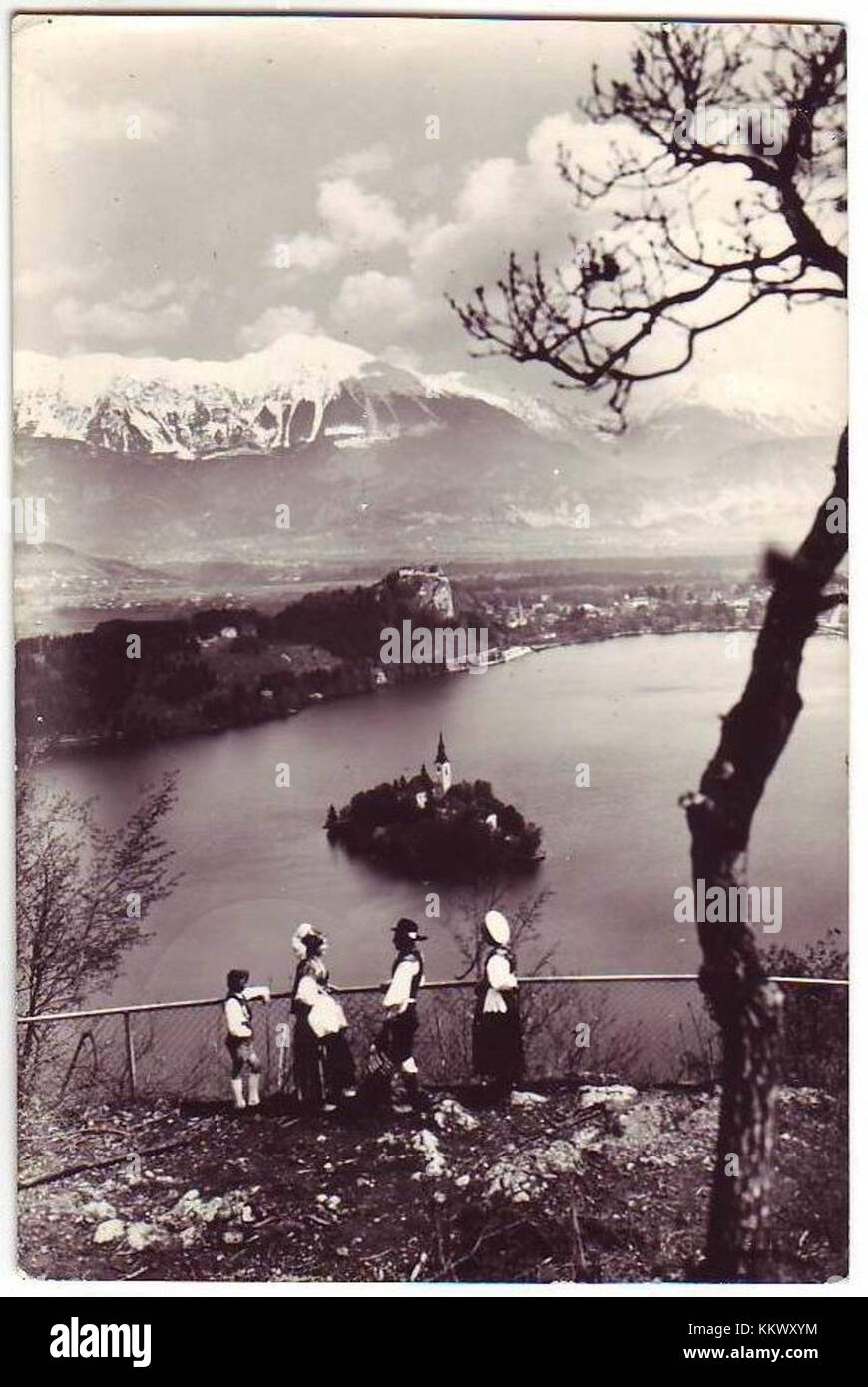 A 1964 postcard of Bled, showcasing its picturesque lake and iconic ...