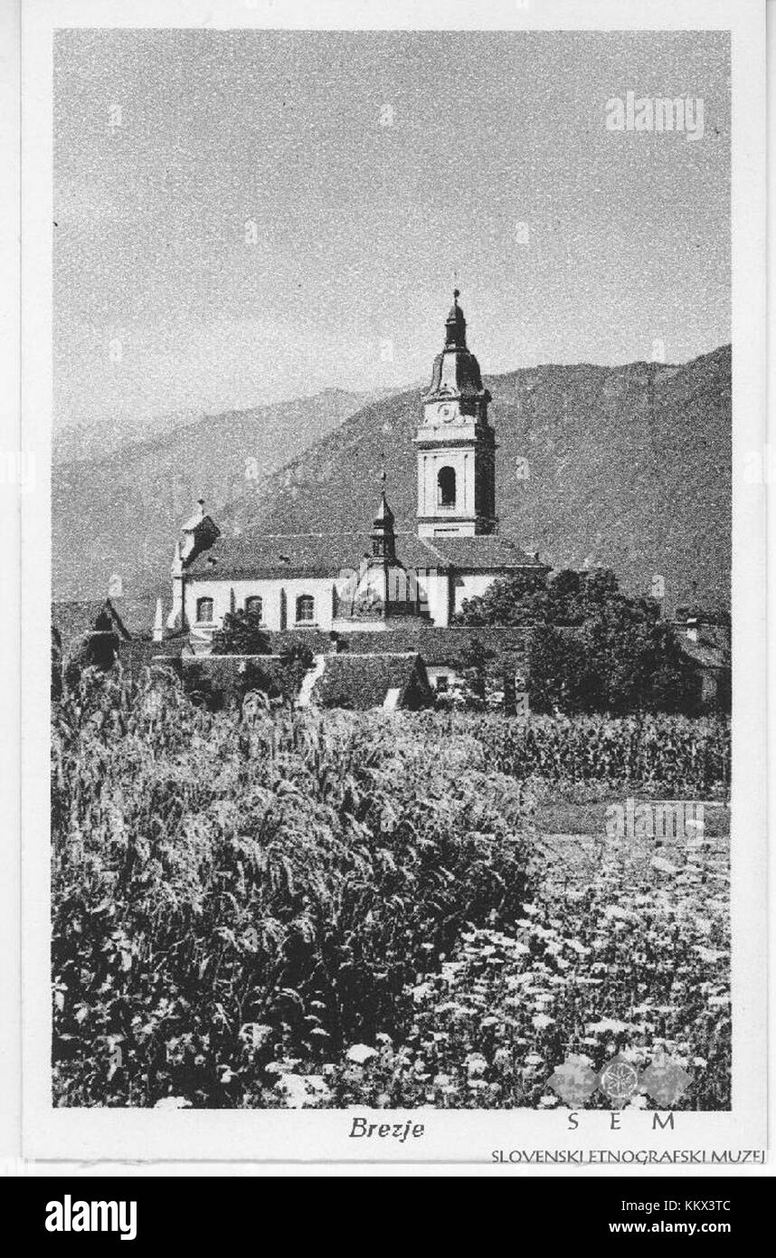 This postcard features Brezje Church, a well-known religious landmark ...