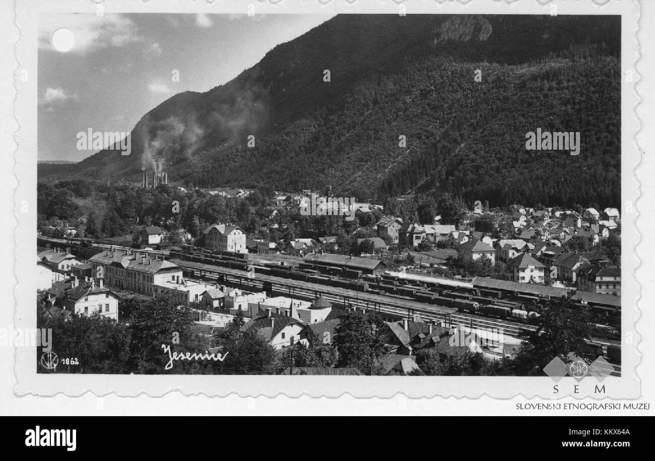 This postcard depicts a view of Jesenice, a town in Slovenia. Known for ...