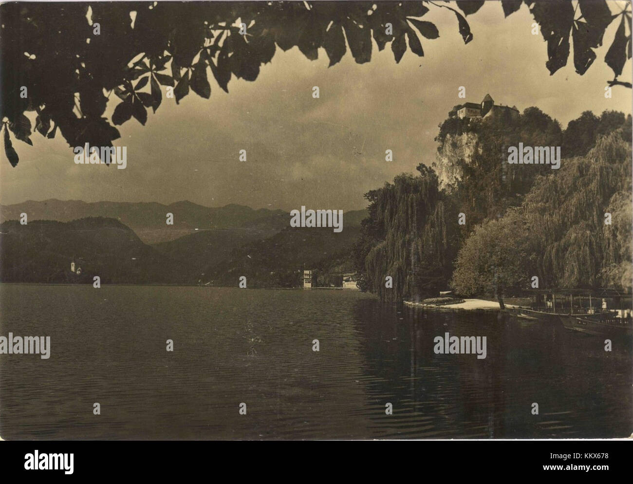 A vintage postcard from 1937 depicting a scenic view of Lake Bled in ...