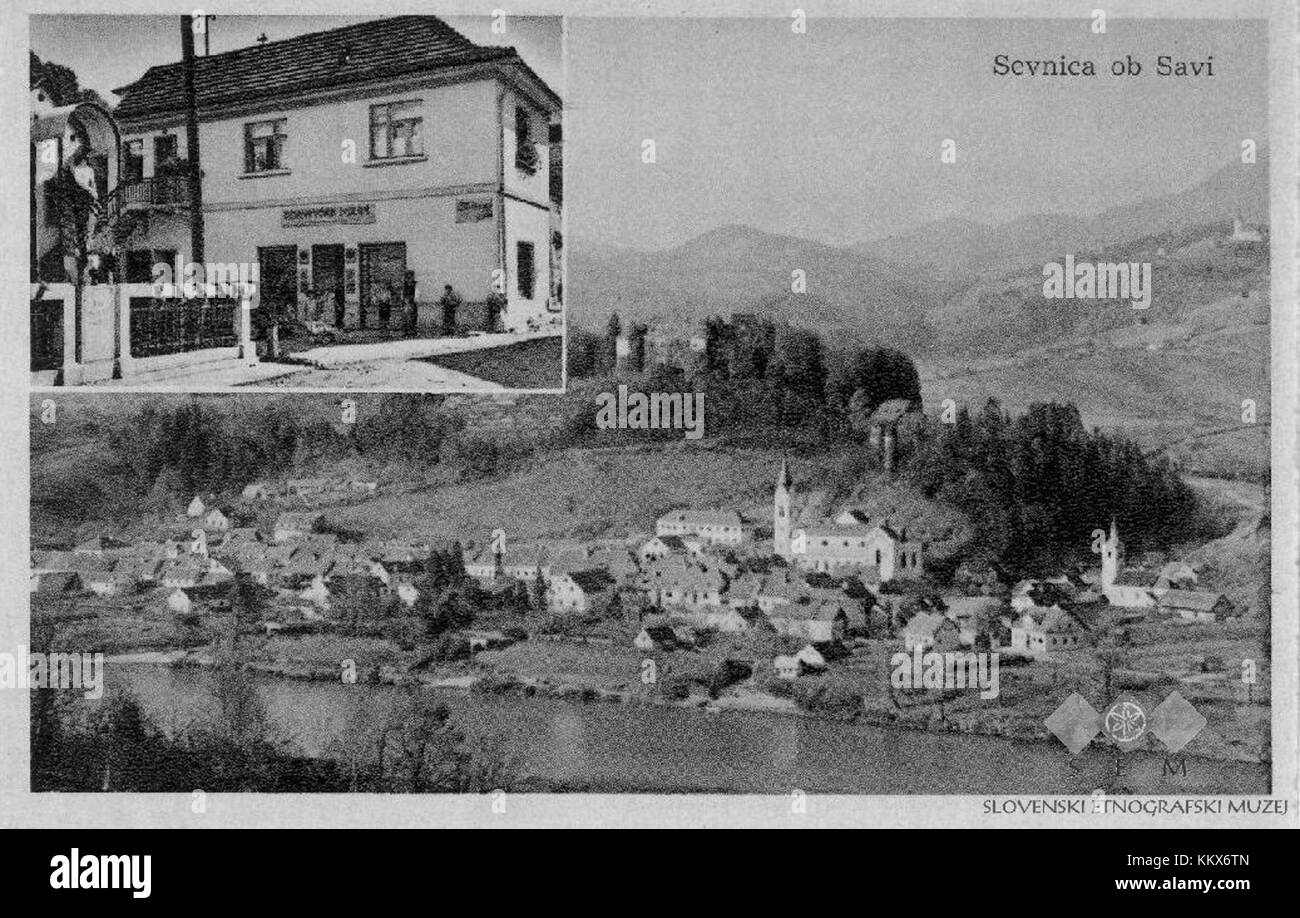 This postcard shows a scenic view of Sevnica, a town in Slovenia ...