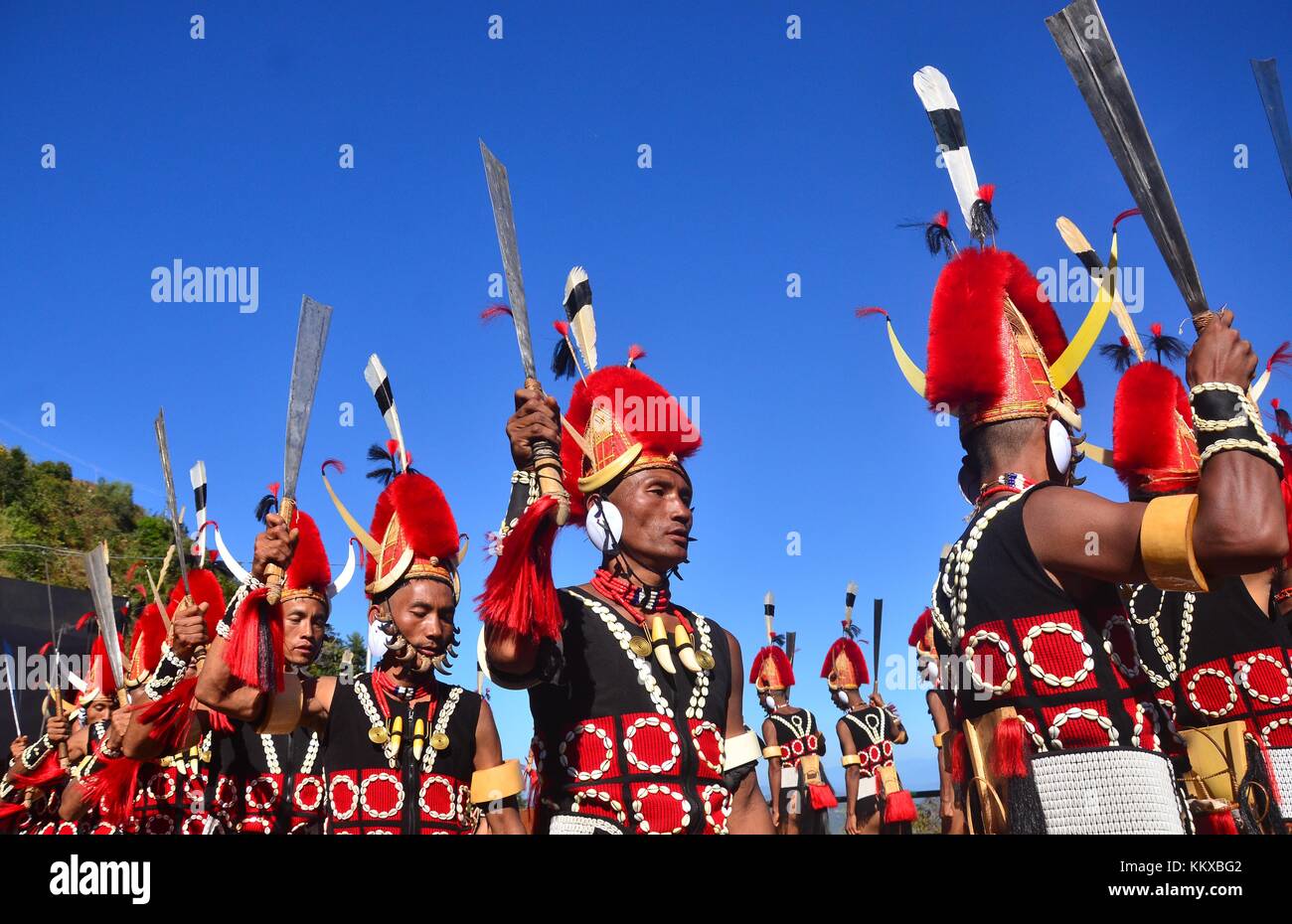 Kohima, India. 02nd Dec, 2017. Naga tribesmen from Yimchunger tribe a ...