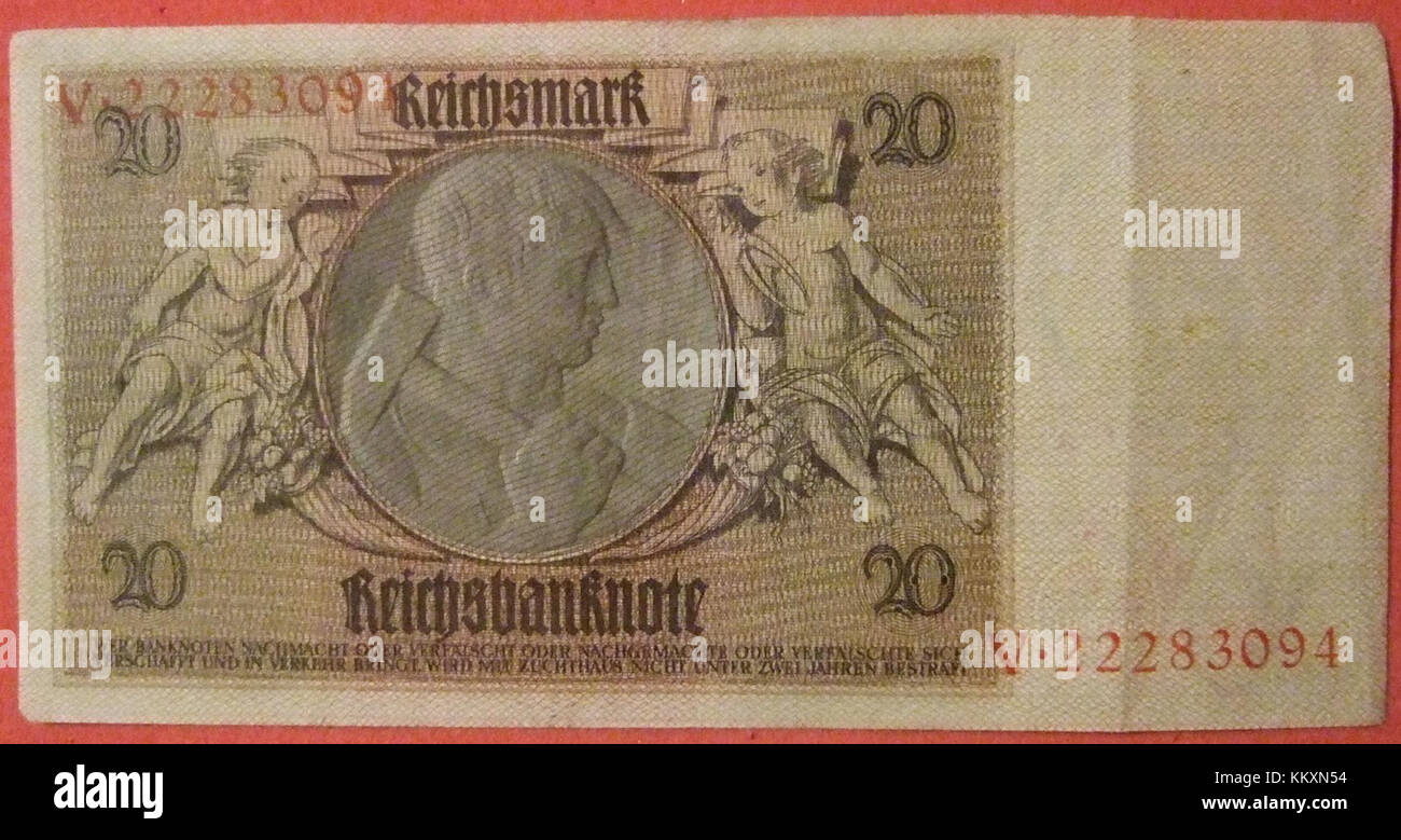 This 1929 20 Reichsmark note, marked with ink stamps, was used during ...