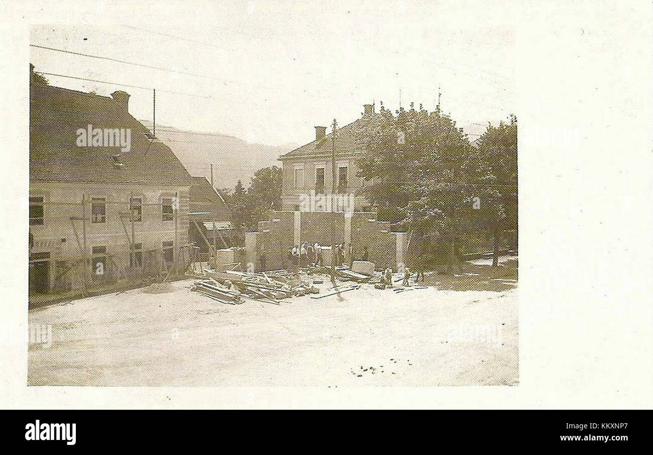 The postcard depicts the construction of the monument to Ivan Cankar, a ...
