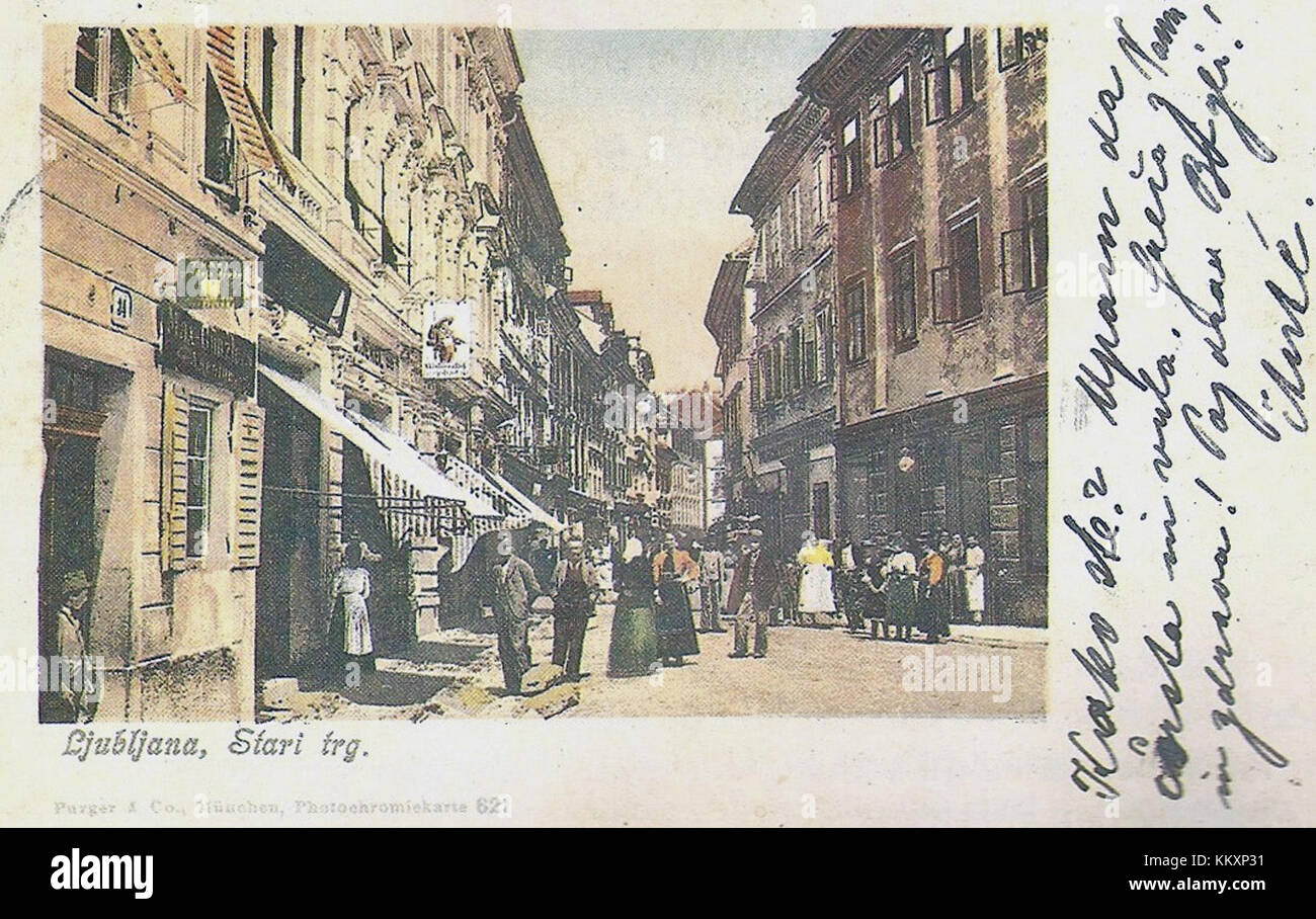 A vintage postcard of the Old Square (Stari Trg) in Slovenia, depicting ...