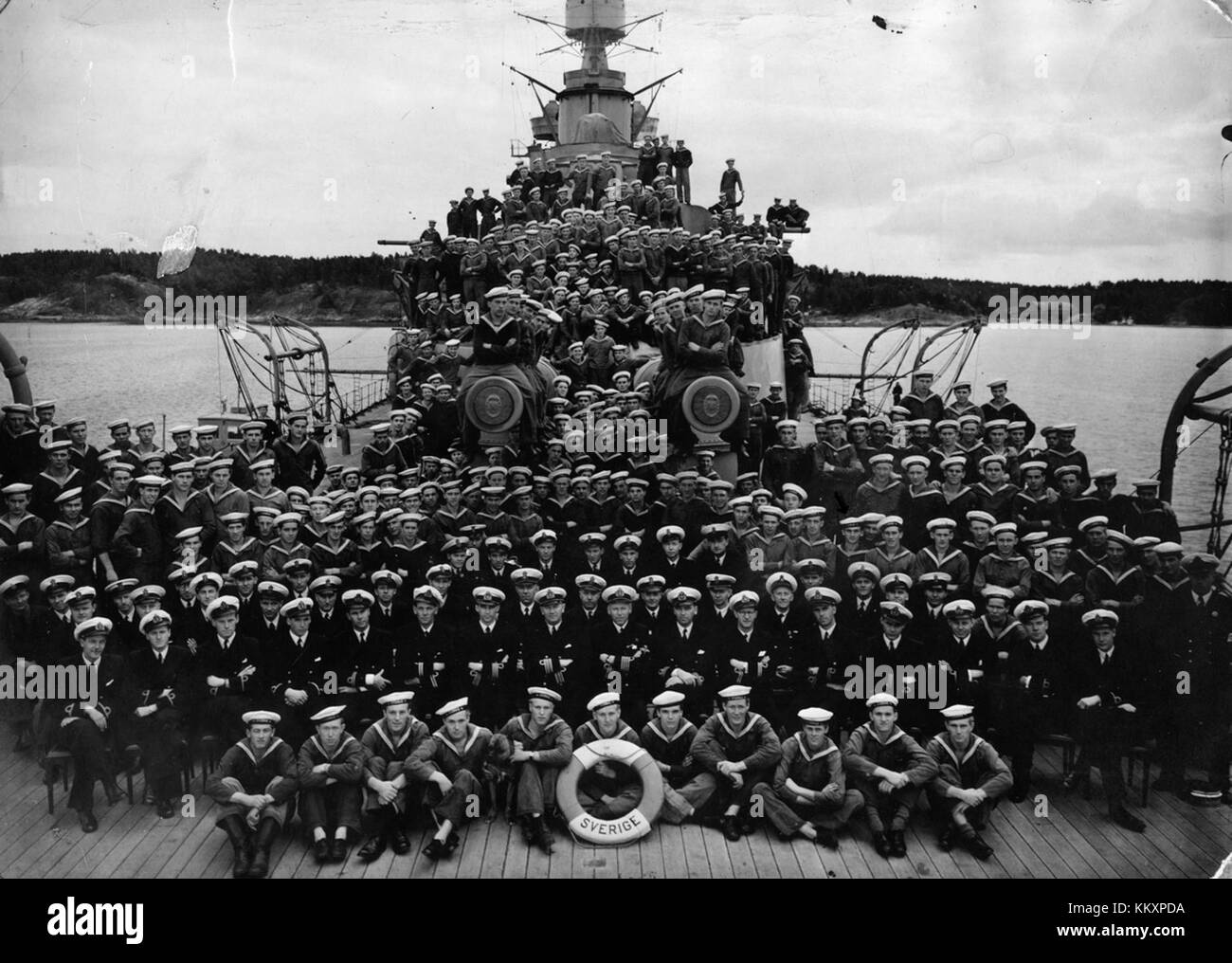 A historical photograph of the crew of HMS Sverige, a Swedish coastal ...