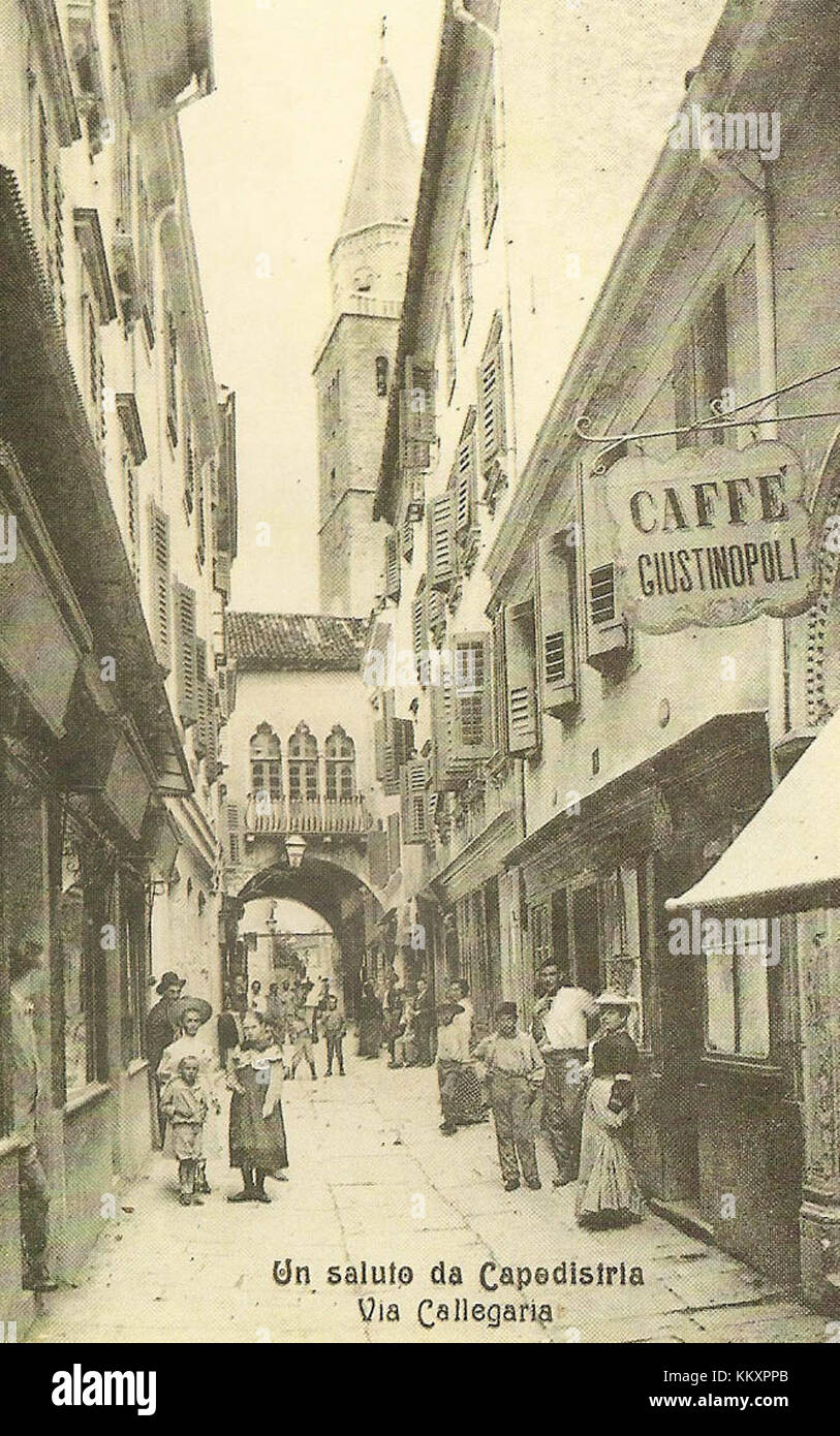 This is a historical postcard from 1909 showing the city of Koper ...