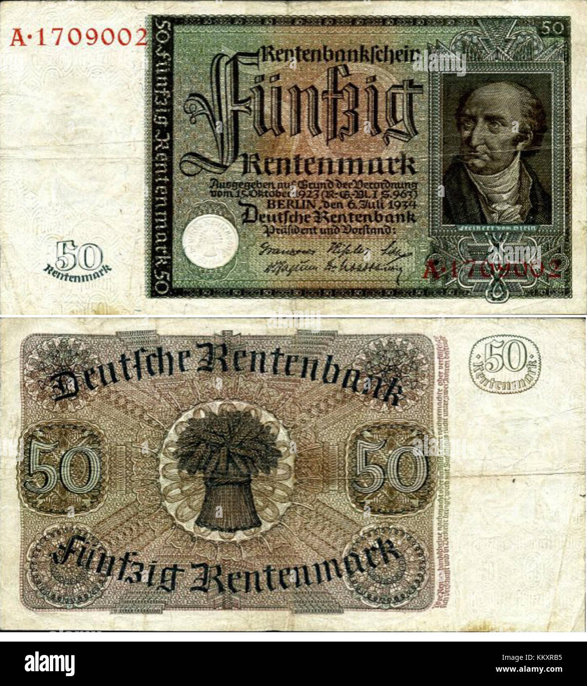 The 50 Rentenmark from 1934 is a historic German currency note. It was ...