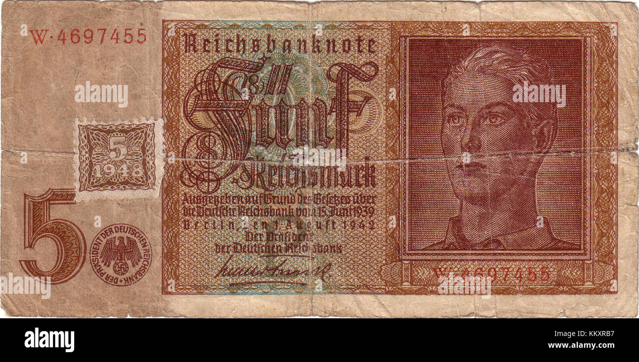 5 Reichsmark banknote from 1942, part of the Nazi-era currency issued ...