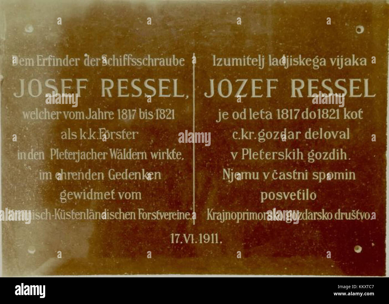 A memorial table dedicated to an individual named Ressel, likely ...