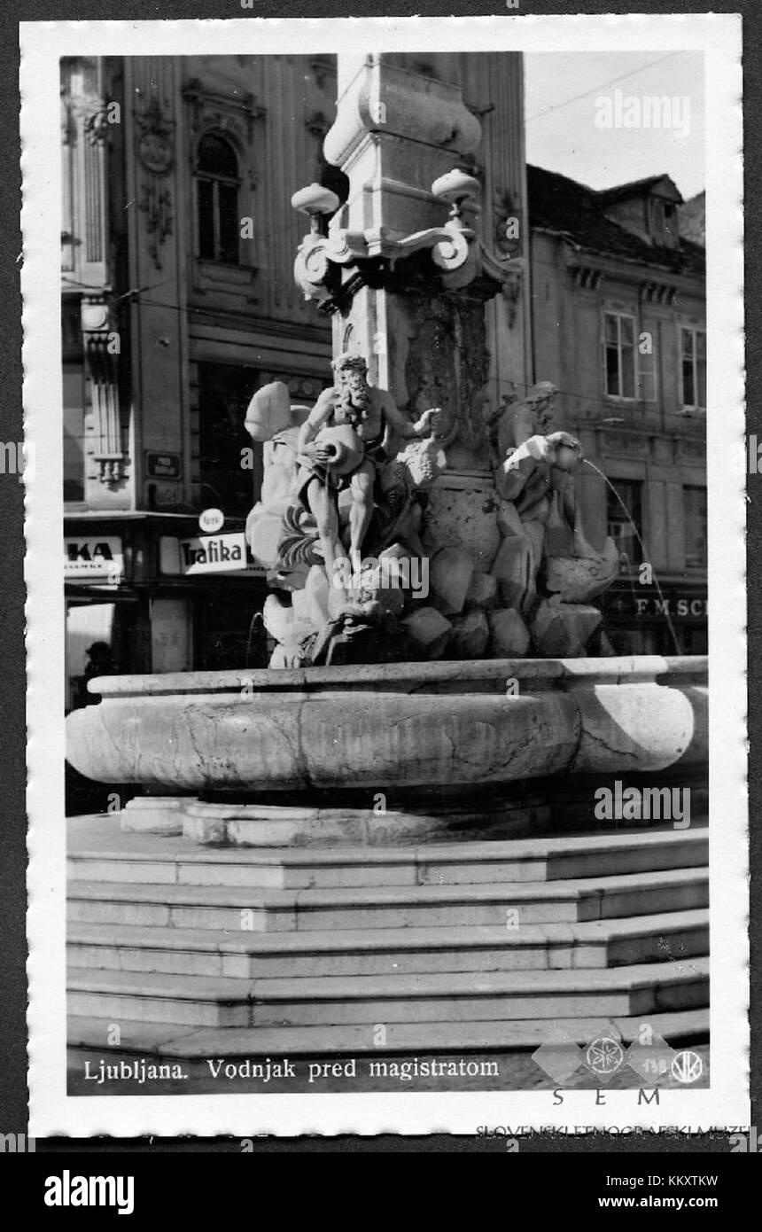 This postcard depicts the Robba Fountain in Ljubljana, Slovenia, a ...