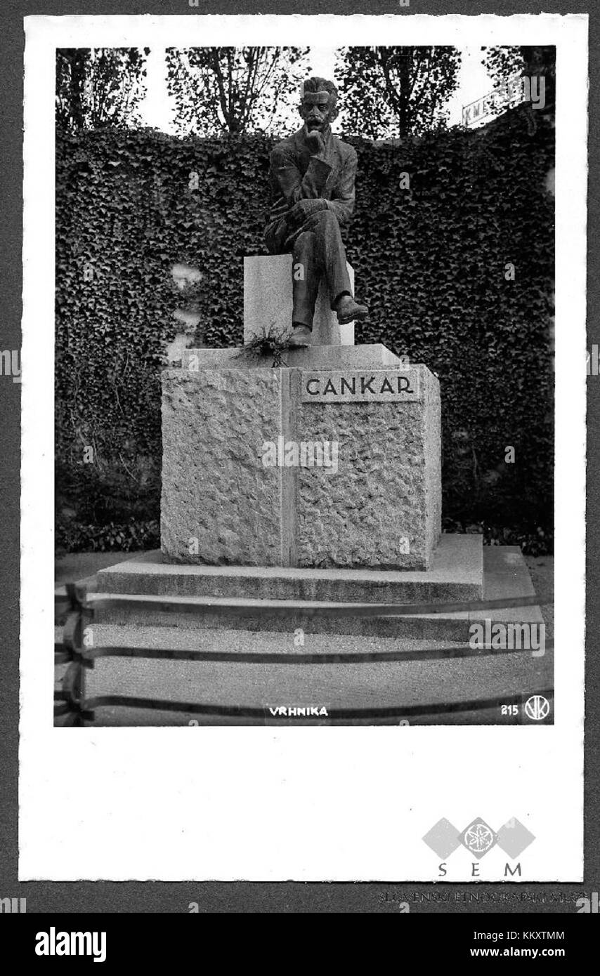 A postcard featuring a statue of Ivan Cankar in Vrhnika, Slovenia ...