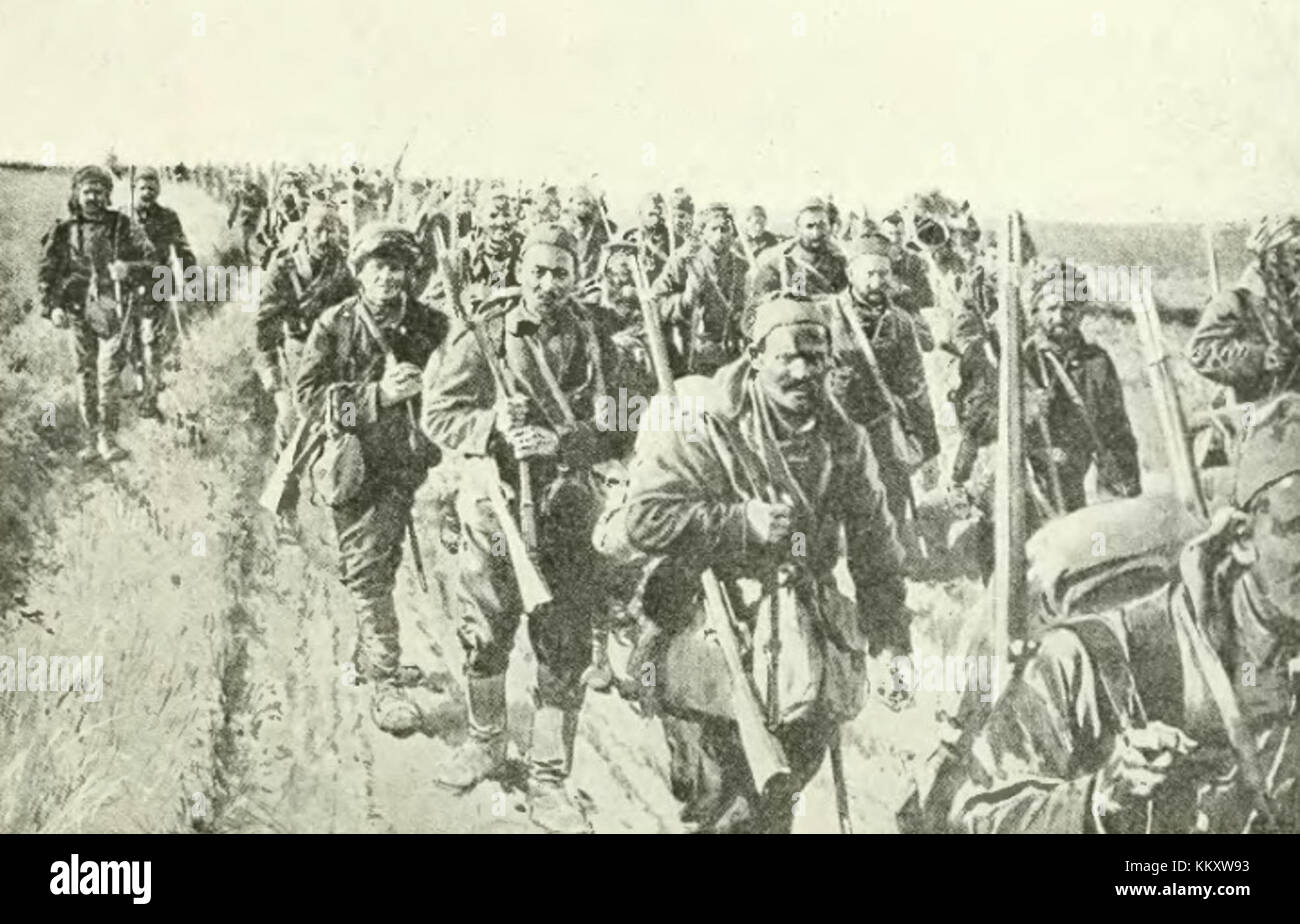 A depiction of Serbian troops marching forward, showcasing a historical ...