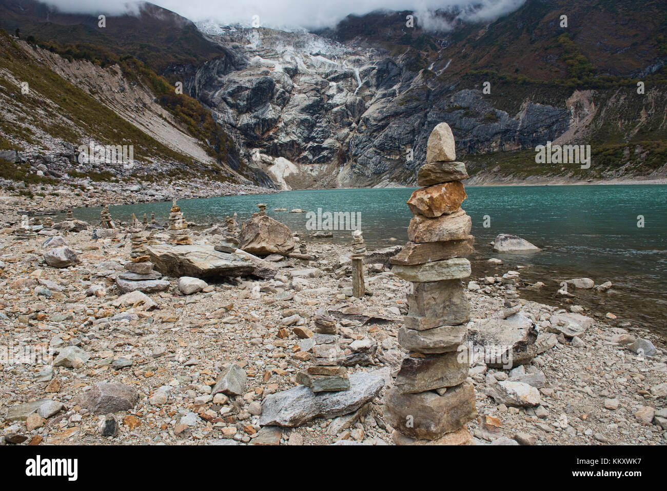 Emerald Birendra Tal holy lake under the Manaslu Glacier, Samagaon ...