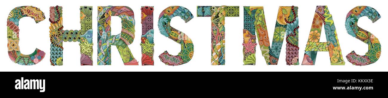 Hand-painted art design. Hand drawn illustration word Christmas for t ...