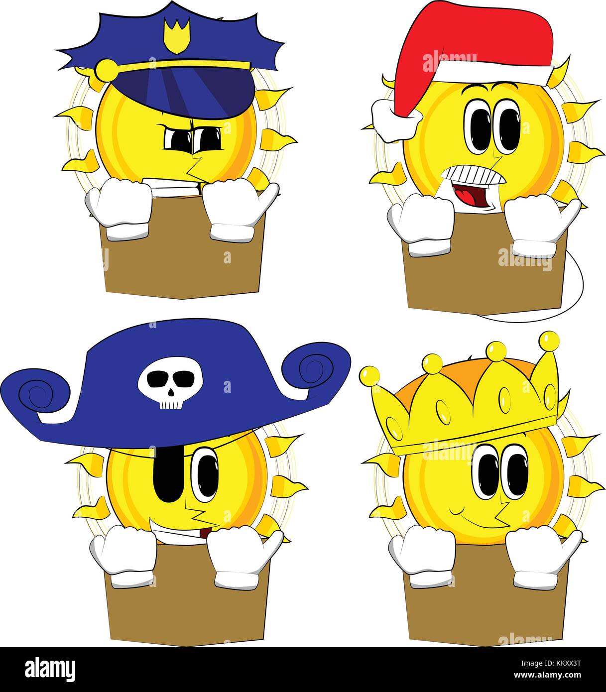 Cartoon sun reading book and hiding behind it. Collection with costume ...