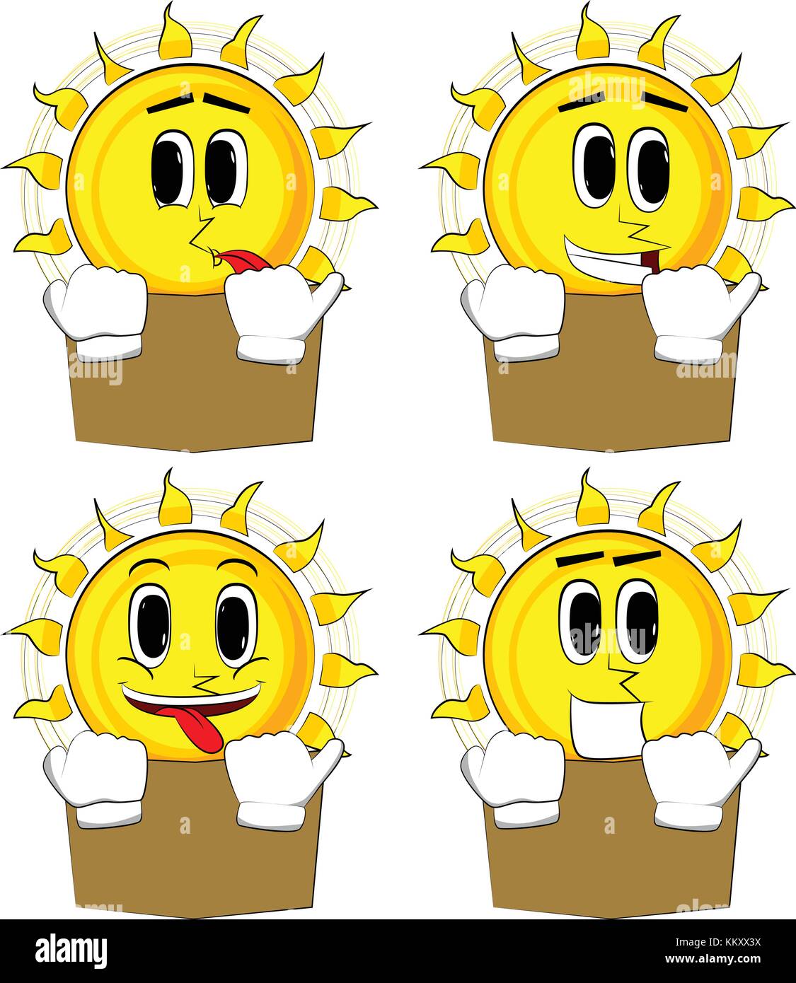 Cartoon sun reading book and hiding behind it. Collection with happy ...