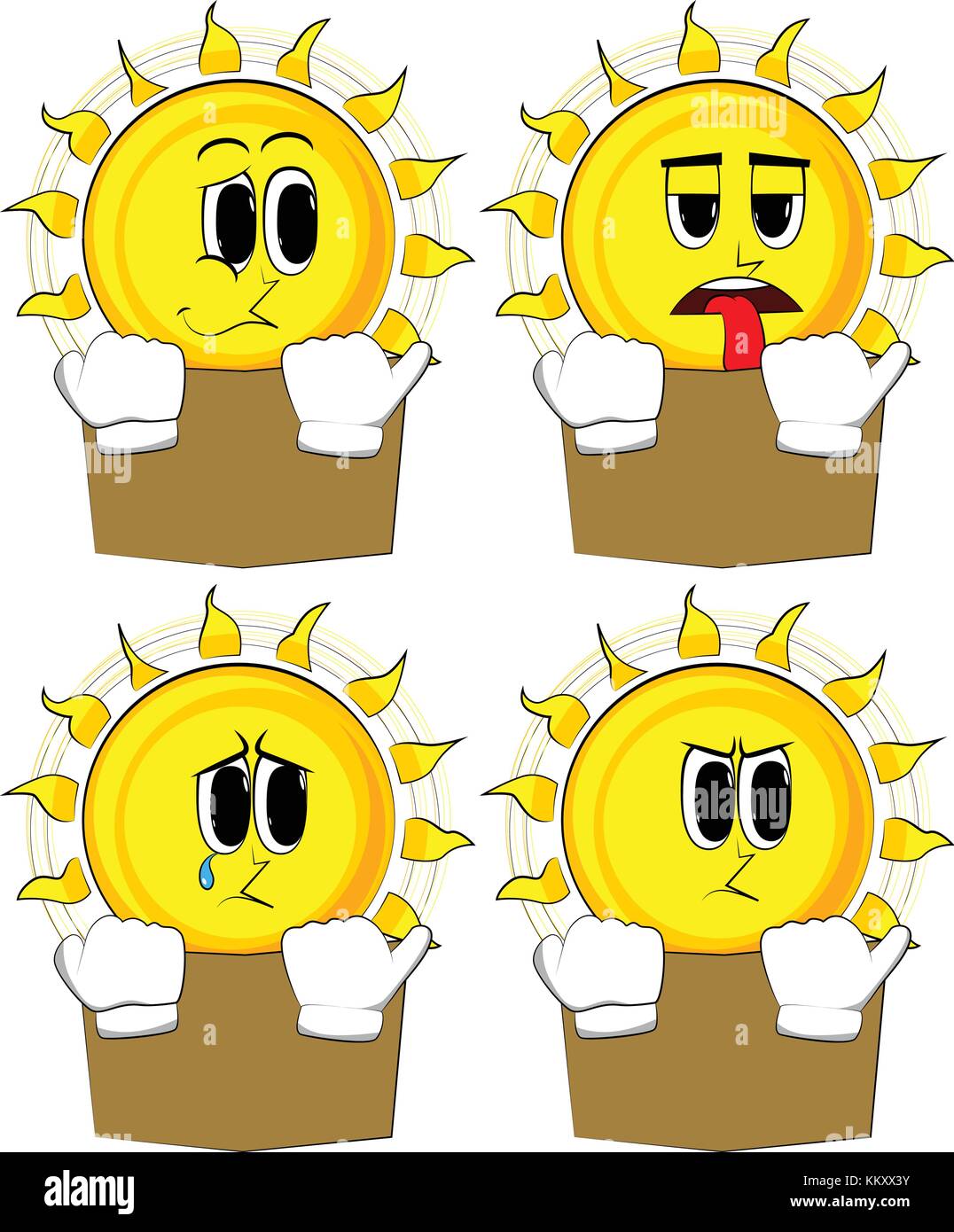 Cartoon sun reading book and hiding behind it. Collection with sad ...