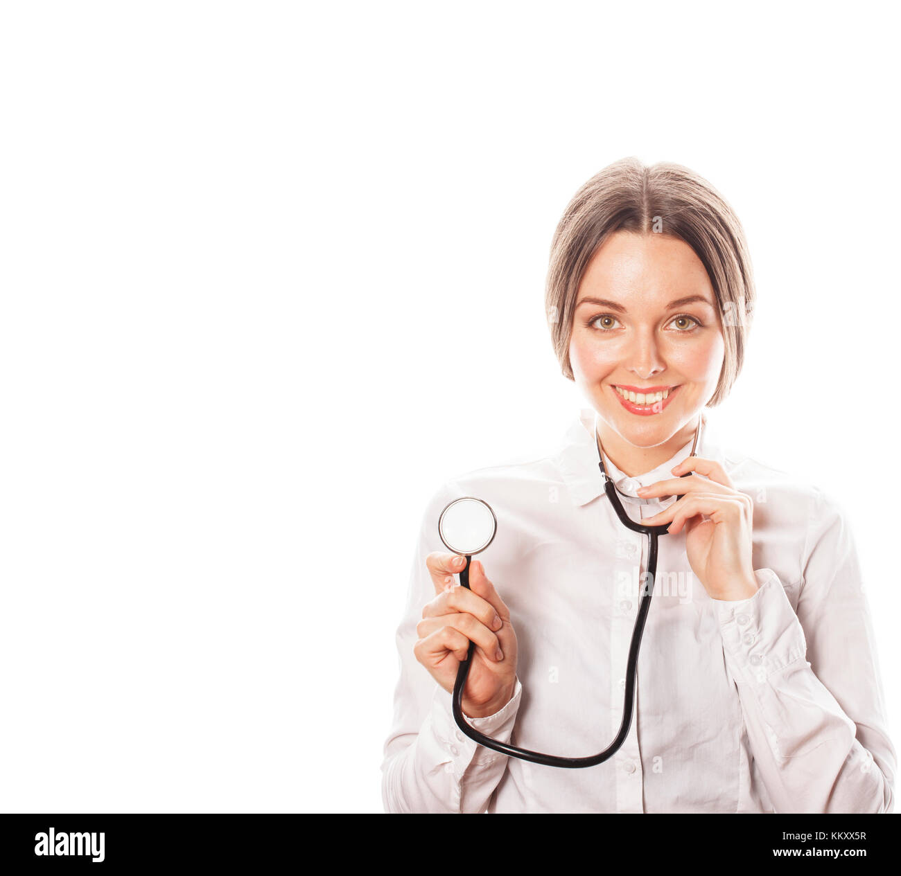 young pretty woman doctor with stethoscope on white background Stock ...