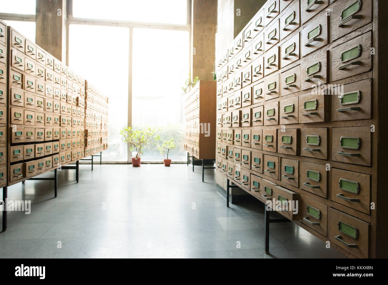 Drawers in archive. Wooden shelves Stock Photo - Alamy