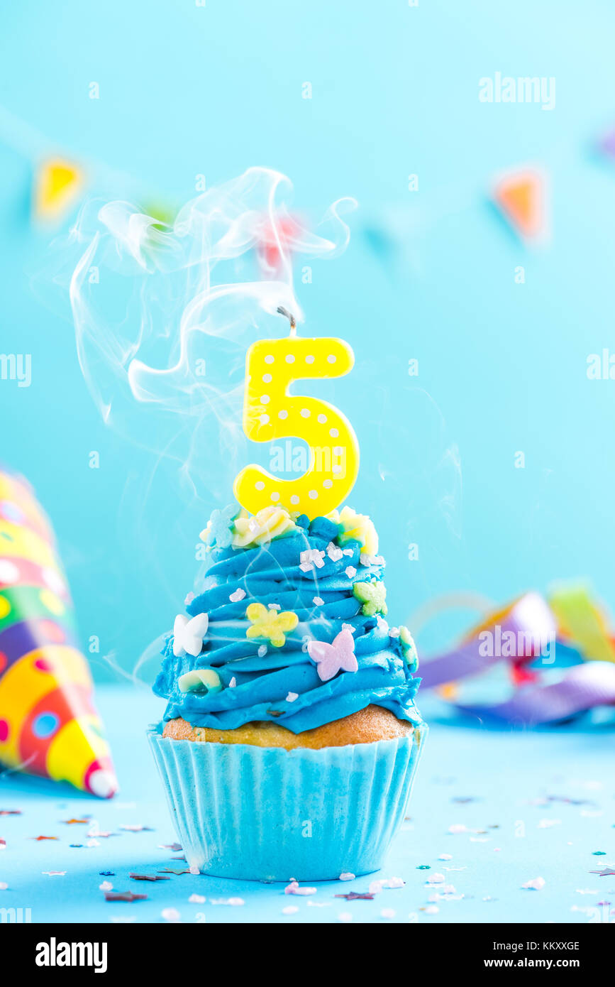 Fifth 5th birthday cupcake with candle blow up and sprinkles. Card ...