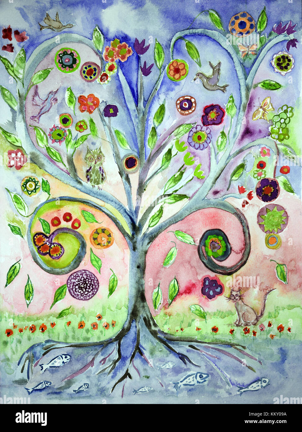 Folk art tree of life. The dabbing technique gives a soft focus effect ...