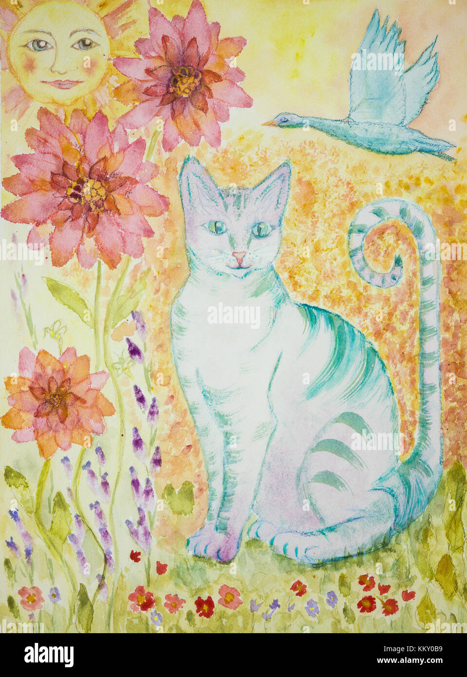 Turquoise cat with greenish eyes, flying goose, sun and flowers. The ...