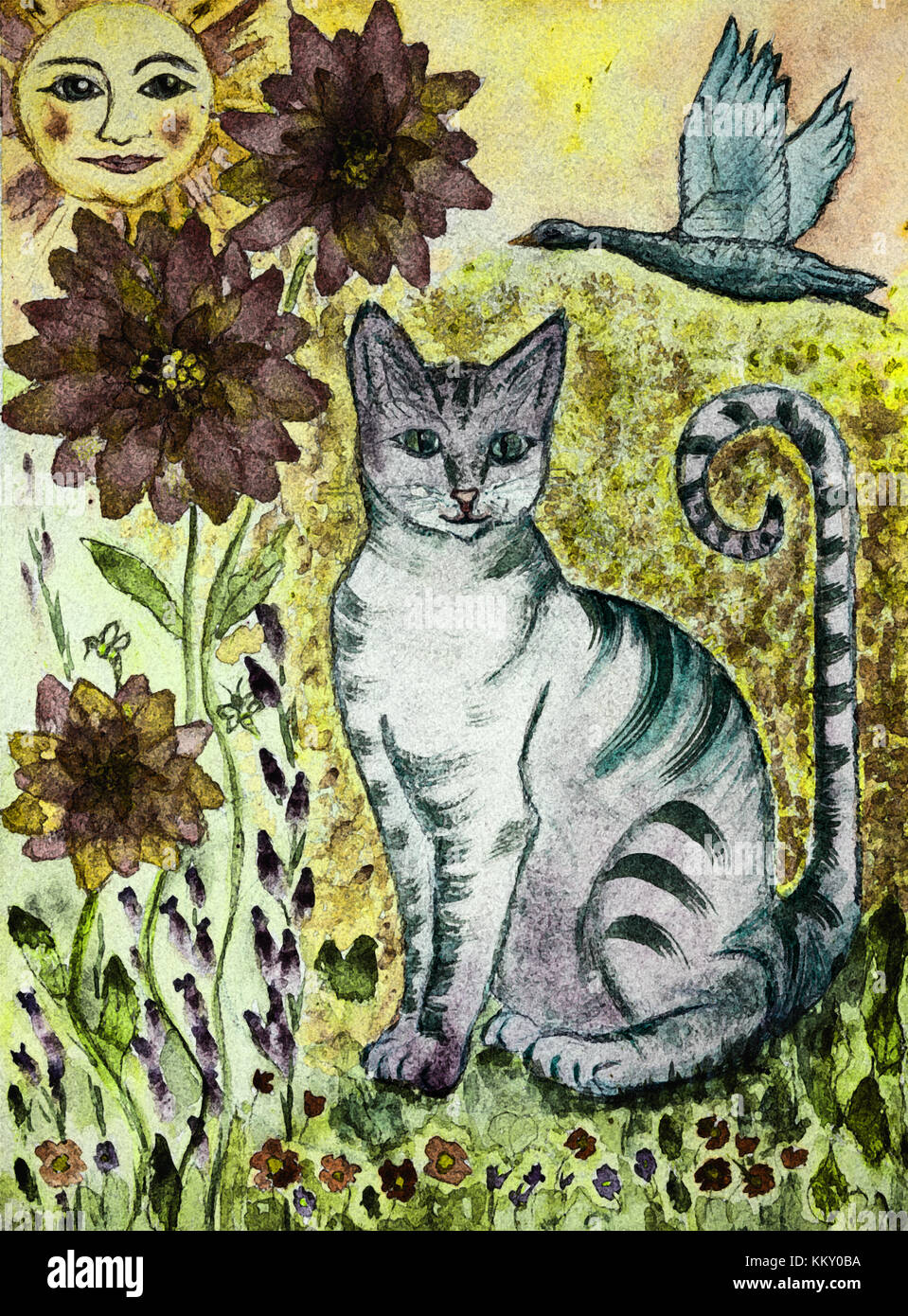 Rustic turquoise cat with greenish eyes, flying goose, sun and flowers ...