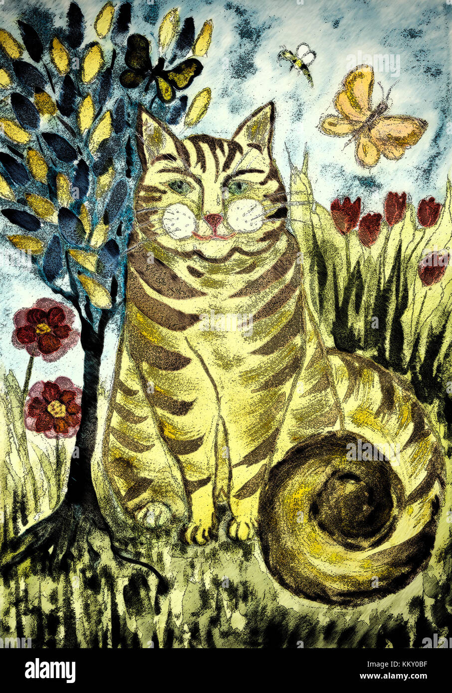 Rustic striped ginger cat with tree of life. The dabbing technique ...