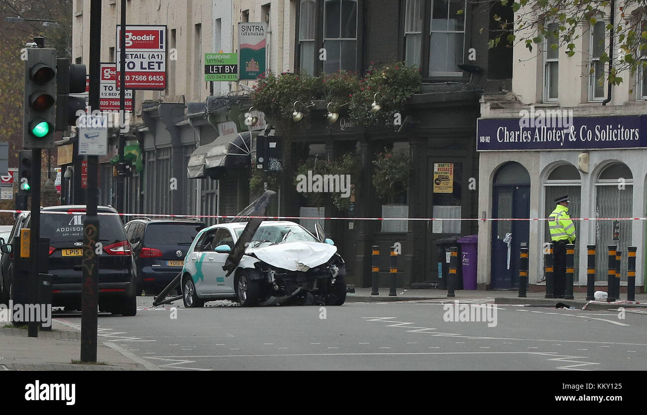 The scene on Stockwell Road in south-west London where a car collided ...