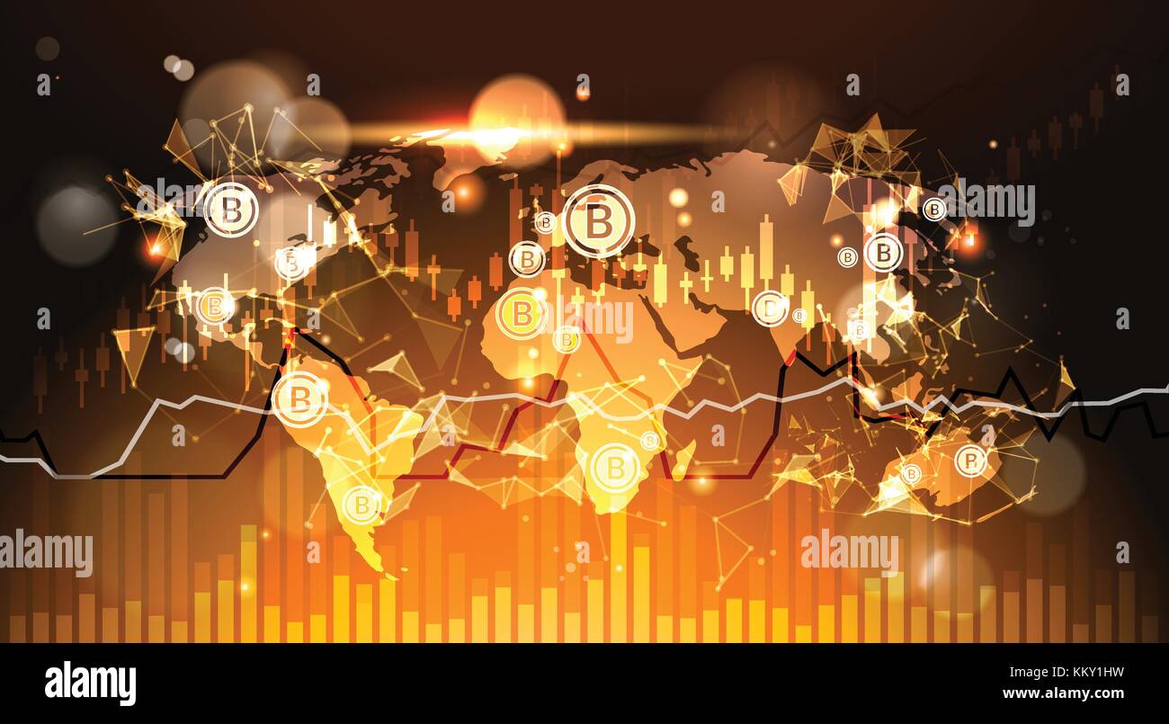Bitcoins Over World Map Background Finacial Charts And Graphs Modern ...