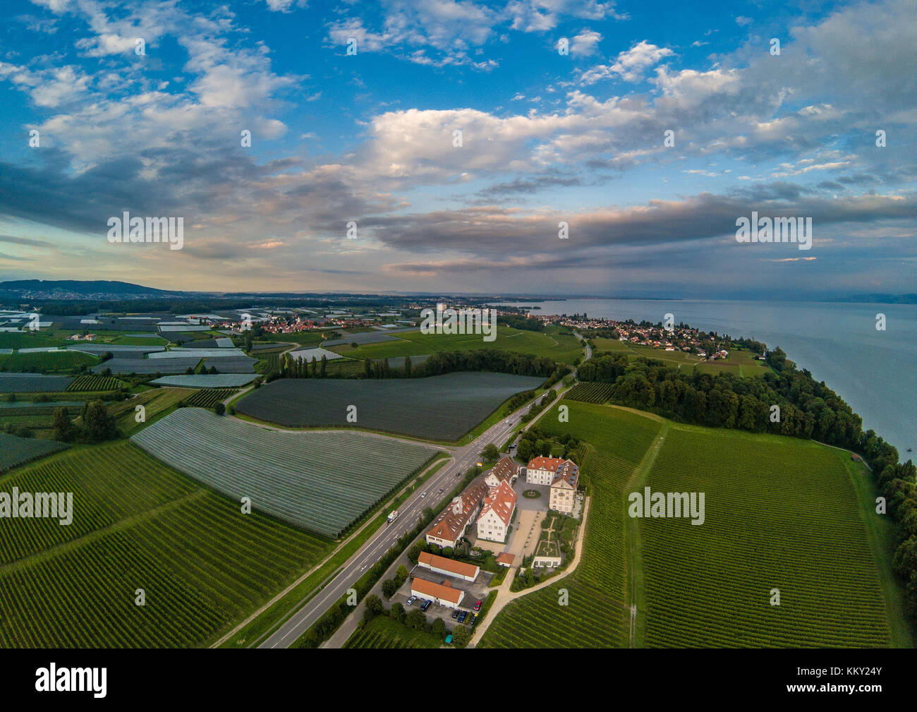 Aerial picture of the landscape of the Lake Constance or Bodensee in ...